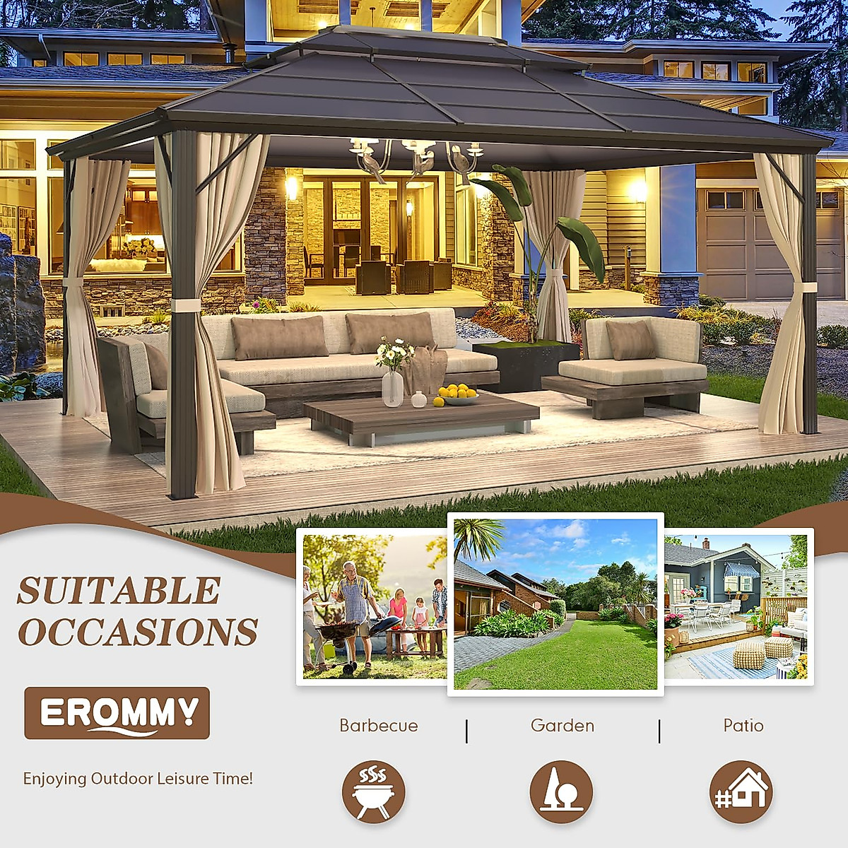 EROMMY 10' x 13' Gazebo Polycarbonate Double Roof Canopy Outdoor Aluminum Frame Pergola, Permanent Pavilion with Netting and Curtains for Garden Patio Lawns Parties