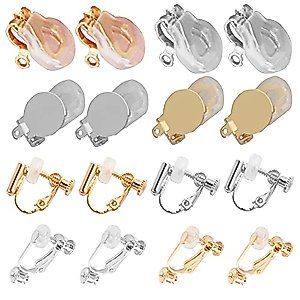 Golden Clip on Earring converters with Silicon Earring Pads, 16pcs Hypoallergenic Round Flat Back Tray Earring Clips Easy Open Loop DIY Earring Making for Women Men Girls Non-Pierced Ears