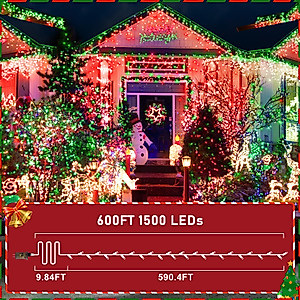 KNONEW 600ft 1500 LED String Lights Outdoor Christmas Lights 8 Modes & Timer Fairy Light Plug in Waterproof LED String Lights for Xmas Yard Tree Wedding Party Holiday Decorations (Red and Green)