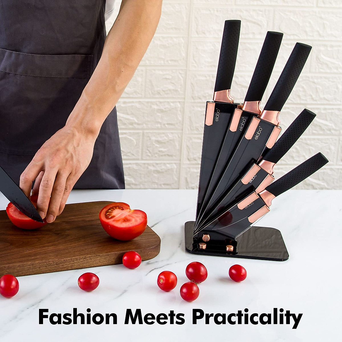 elabo 5 Piece Black Kitchen Knife Set with Stand - Stainless Steel Non-Stick Coating Knives, Rose Gold Handle