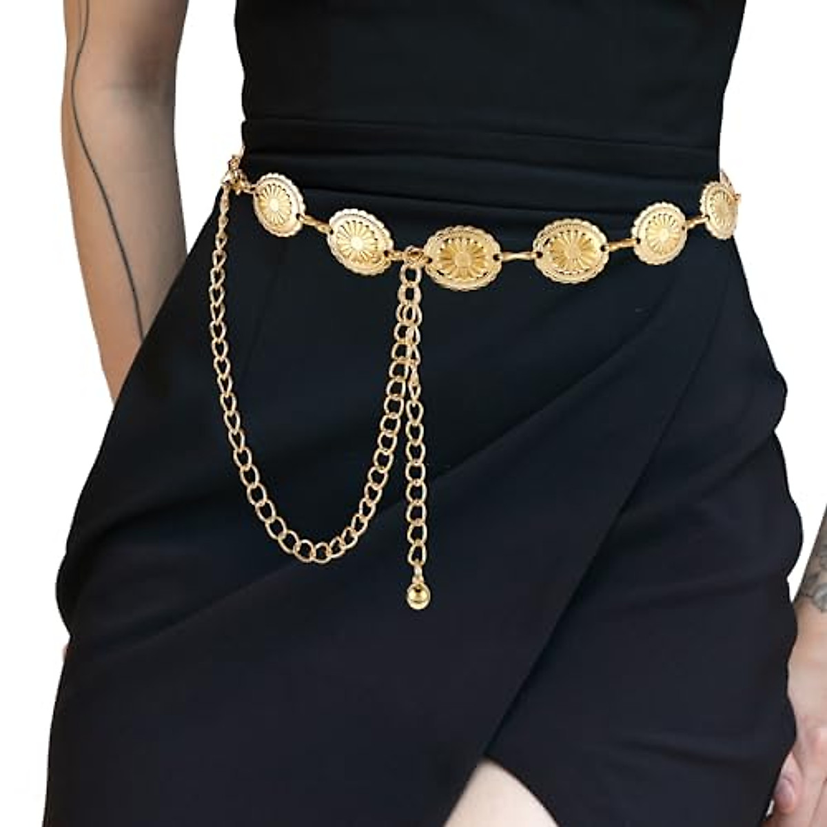 TIESOME Western Metal Concho Belt, Hollow Out Daisy Chain Belt Adjustable Boho Waist Chain Country Concert Outfit for Dress(Gold)