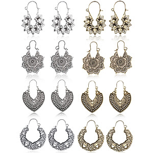FIBO STEEL 8 Pairs Vintage Mandala Flower Gypsy Drop Dangle Earrings for Women Boho Retro Tribal Hollow Earrings Set