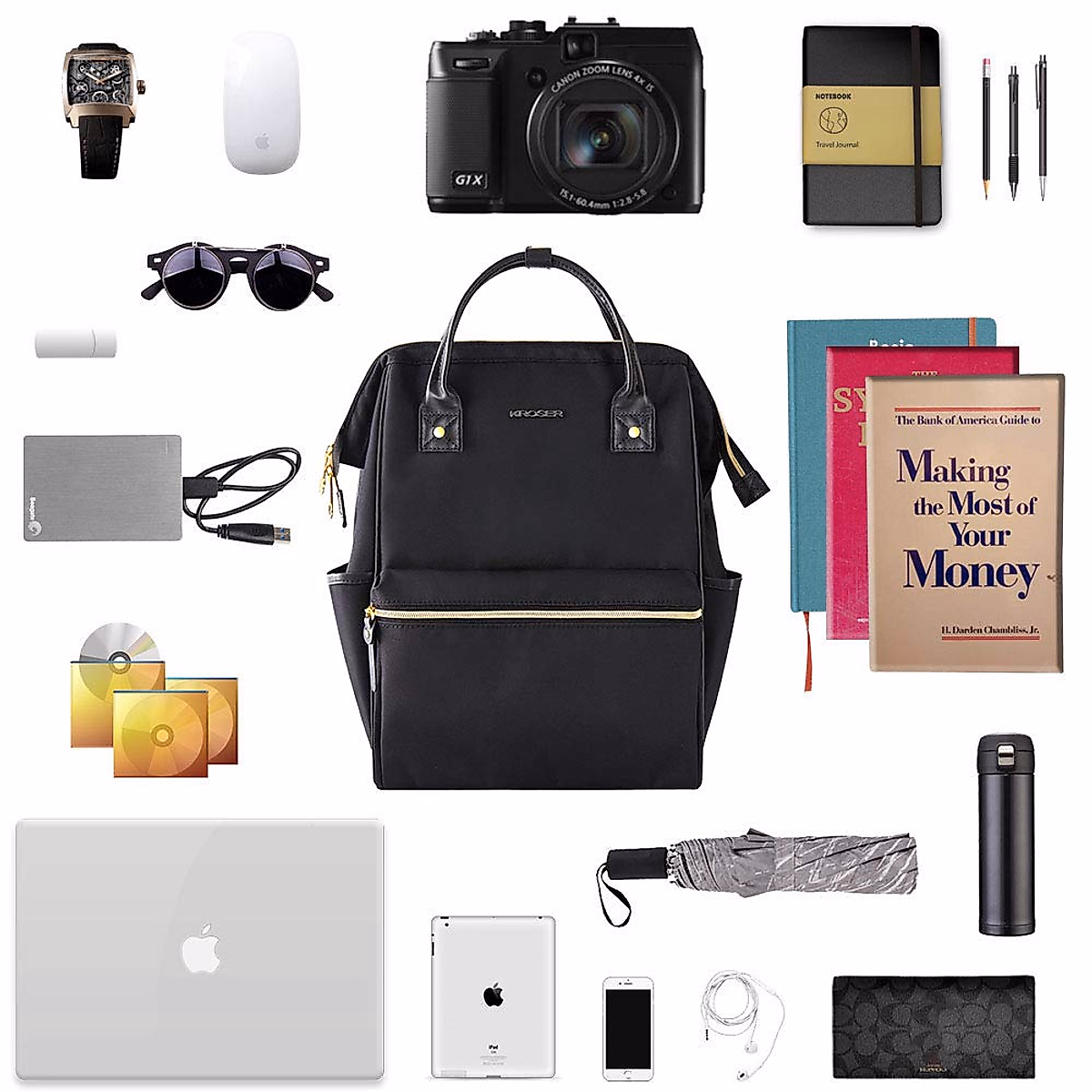 KROSER Laptop Backpack 15.6 Inch Stylish School Backpack Doctor Bag Water Repellent College Casual Daypack with USB Port Travel Business Work Bag for Men/Women-Black