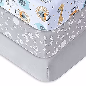 bimocosy Crib Sheets,3 Pack Boy Crib Sheets Size 28"x 52" for Standard Crib and Toddler Mattresses, Super Soft Breathable Microfiber Fitted Crib Sheet, Stars/Woodland Animals/Gray