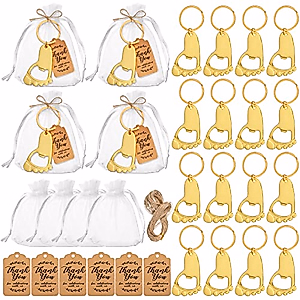 50 Pieces Footprint Keychain Bottle Opener Baby Shower Favors for Guest Souvenirs Supplies and Decorations with Organza Bags Tags and 20 Meters Rope (Gold)