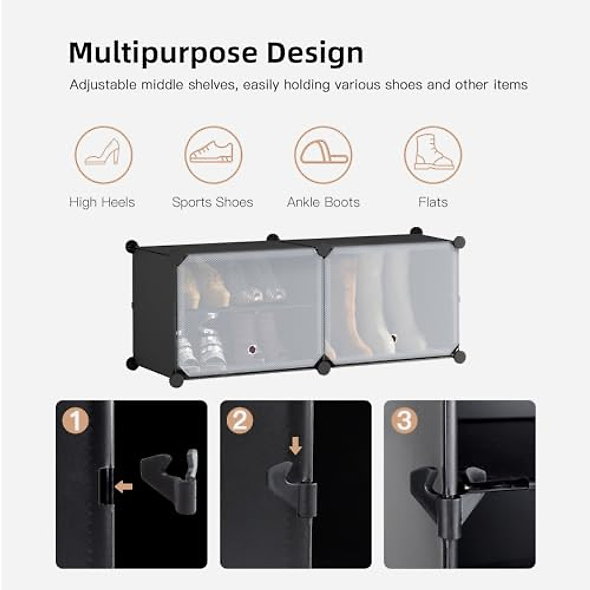 Cuzdeco Shoe Organizer Cabient, 6 Cube 12 Tiers Shoe Rack with Door, 24 Pairs Plastic Shoes Storage Cabinet Expandable Free Standing Shoe Rack, for Closet Entryway Hallway Bedroom, Black