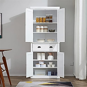 SEASD 72" Sideboard Traditional Freestanding Kitchen Pantry Cabinet Cupboard with Doors and 3 Adjustable Shelves, White