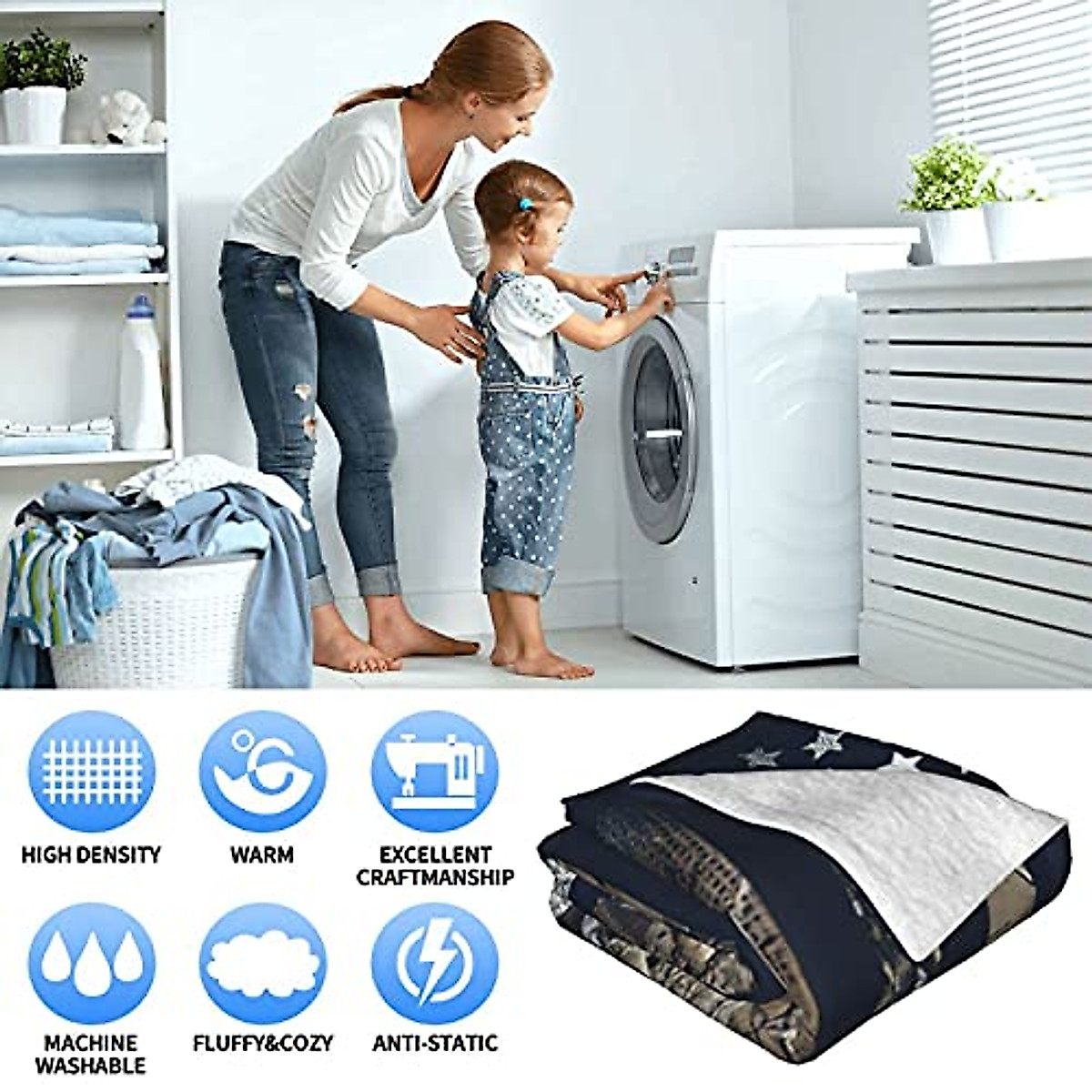 American Flag with Deer Throw Blanket Warm Ultra-Soft Micro Fleece Blanket for Bed Couch Living Room