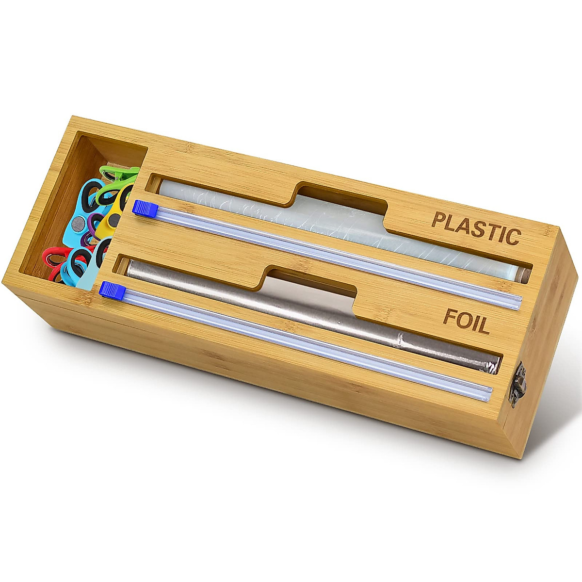 Bamboo Aluminum Foil Dispenser with Cutter, Foil and Plastic Organizer for Drawer, Plastic Wrap Dispenser with Cutter for Kitchen Drawer and Cabinet Organizer, Foil Organization and Storage Holder 1