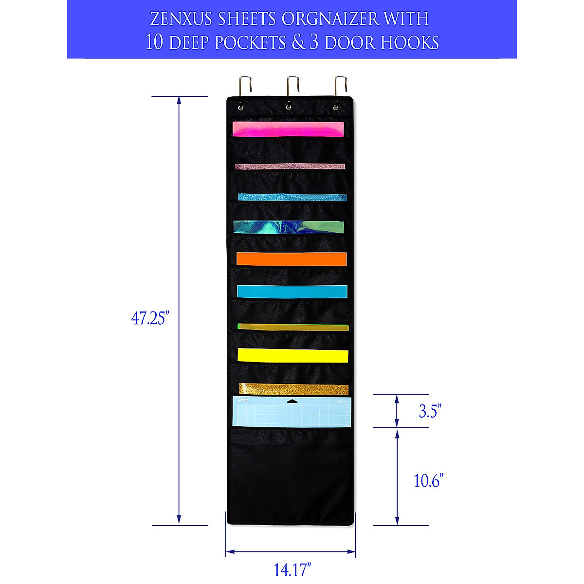 ZENXUS Hanging Organizer, 12x12 Paper Storage, Deep Pocket Vinyl Holder, for Cardstock, Scrapbook, Craft Paper, Cut Mat, 6 Door Hooks Included, 2-Pack