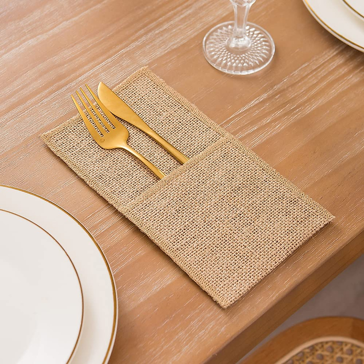 AOKQYA Burlap Silverware Holder Set Of 10 Reusable Rustic Utensil Holder Pouch for Table Setting (Natural)