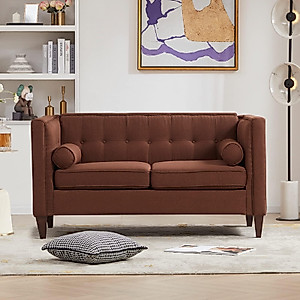 Dreamsir 58Inches Loveseat Sofa, 2 Seater Fabric Sofa Couch with Two Throw Pillows, Solid Wood, Mid Century Modern Couch for Living Room, Small Space, Apartment（Brown） 7097 Linen