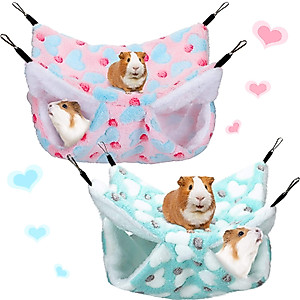 Boao 2 Pcs Guinea Pig Rat Hammock Guinea Pig Hamster Ferret Hanging Hammock Guinea Pig Accessories for Small Animals Chinchilla Parrot Sugar Glider Ferret Squirrel (Blue, Pink, Heart Pattern)