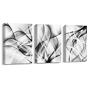Creoate Black and White Grey Wall Art for Bedroom, 3 Panels Abstract Lines Art Canvas Print Framed Set Artwork Modern Home Decoration for Bathroom Living Room…