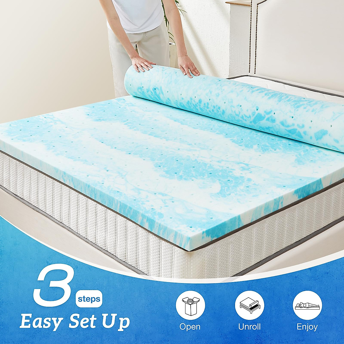 3 Inch Gel Memory Foam Mattress Topper Full Size, Cooling Mattress Pad Cover for Back Pain, Soft and Breathable Bed Topper