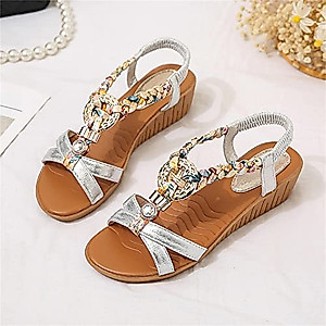 Women's Tan Sandals Ladies Fashion Bohemian Summer Leather Knitted Rhinestone Decoration Slope Heel Sandals (Silver, 8)
