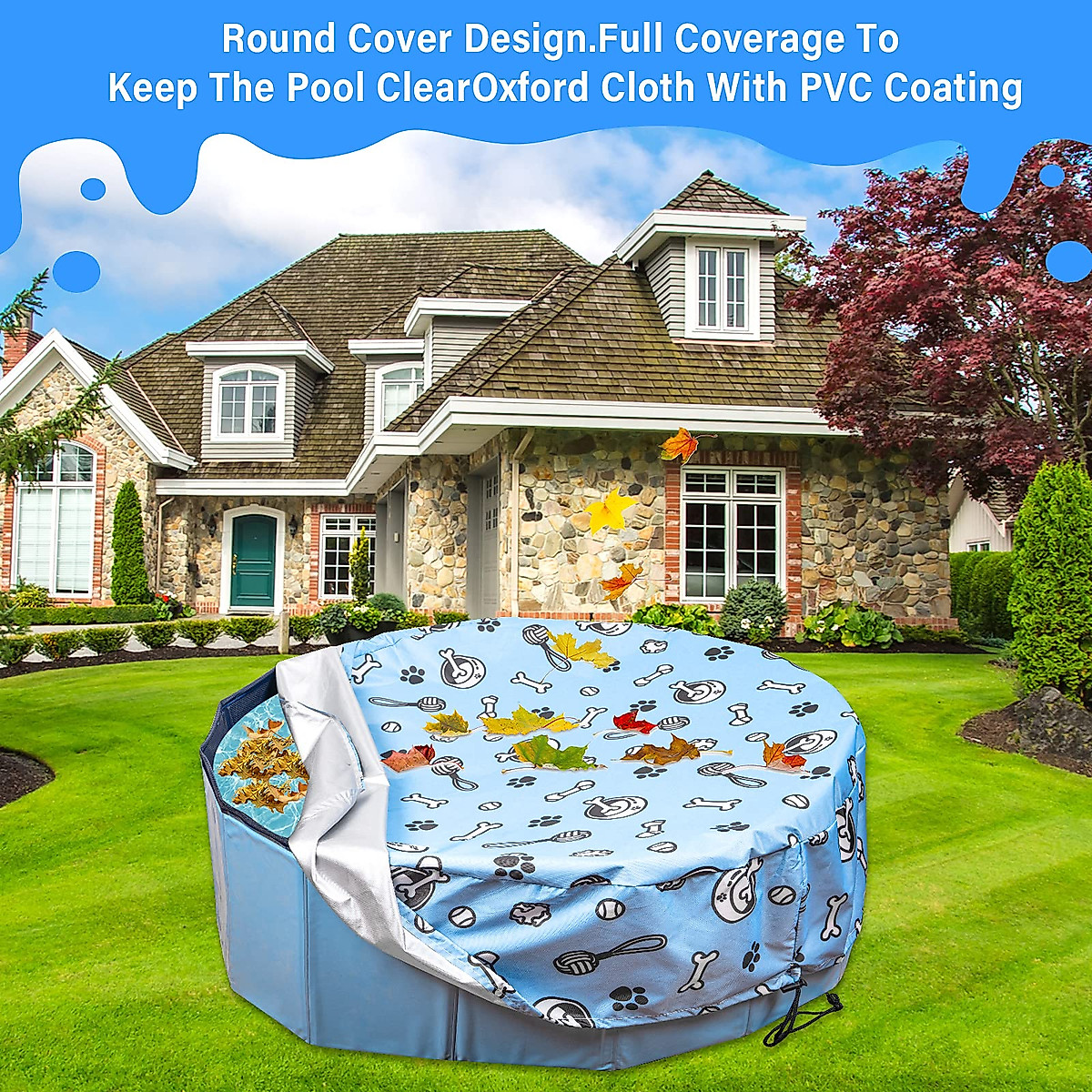 Docuwee Foldable Round Dog Kids Swimming Pool Cover, for 48" Collapsible Outdoor Pool, PVC Coating Waterproof and UV Protection, Leakproof Washable Kiddie Dog Small Pool Cover
