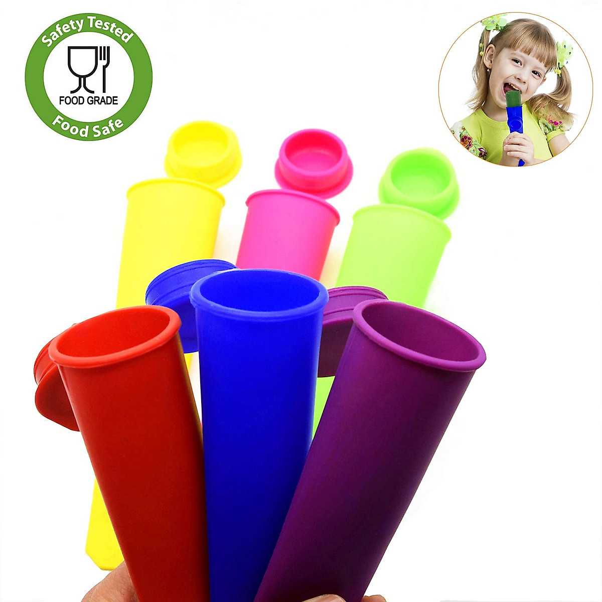 Helpcook Silicone Ice Pop Molds,BPA Free Popsicle Molds with Attached Lids,Reusable DIY Popsicle Molds for Kids,Set of 6 (Pure color)