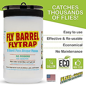 Flies Be Gone Barrel Fly Trap - Reusable Container with Patent Pending Screw Lid – 2 Non-Toxic, Poison and Pesticides Free KM34 Fly Attractant Packs - for Outdoor Home and Commercial Use