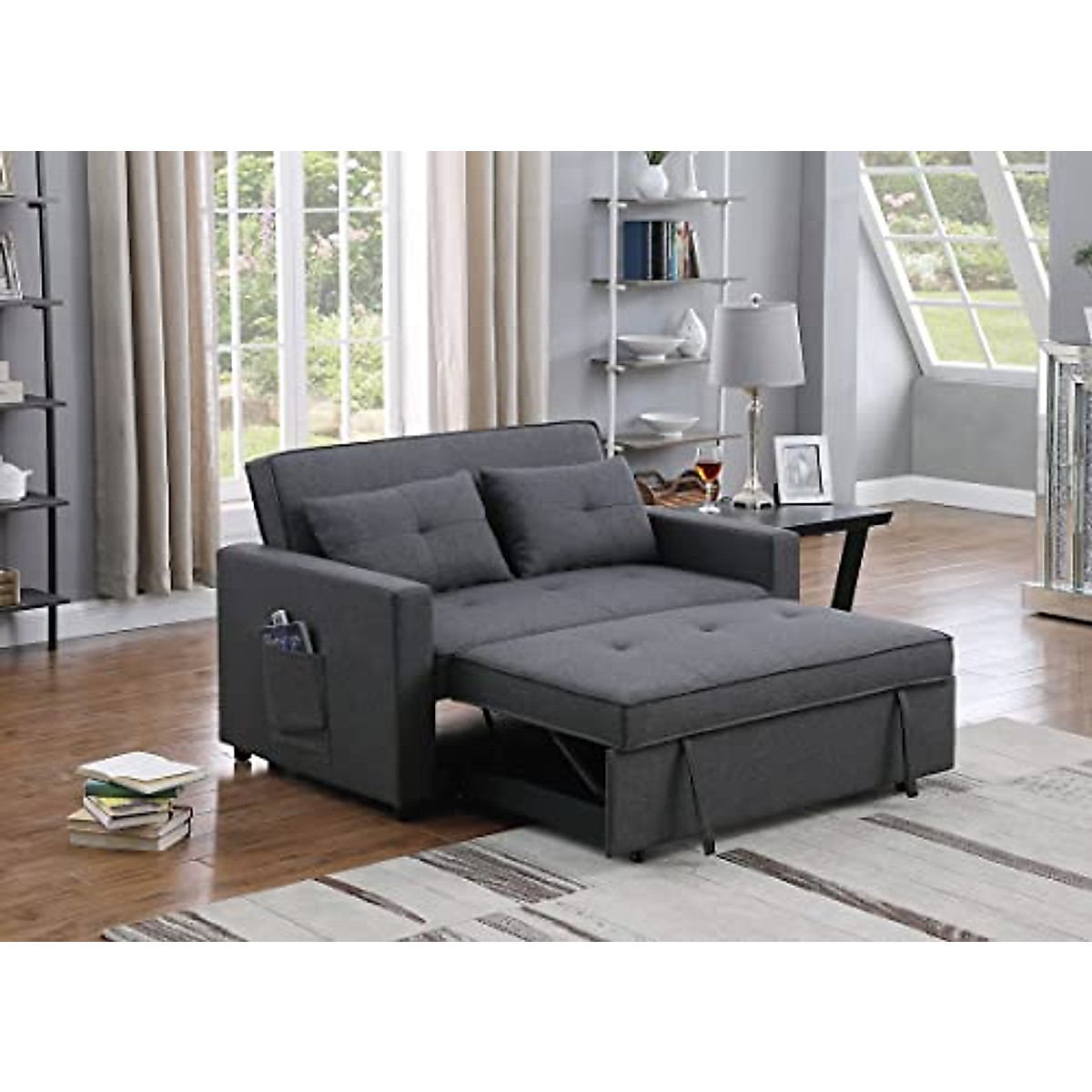 BIADNBZ 3 in 1 Convertible Sleeper Sofa Bed with 2 Pillows,66" 2-Seater Loveseat Couch with Side Pocket for Living Room Home Office,Pull-Out Design, Dark Gray