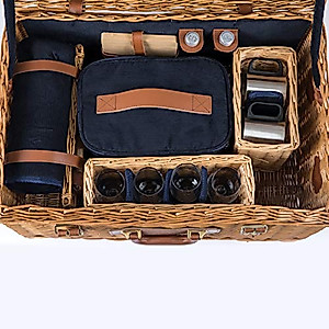PICNIC TIME Windsor Luxury Wicker Picnic Basket, Deluxe Set for 4, Navy Blue
