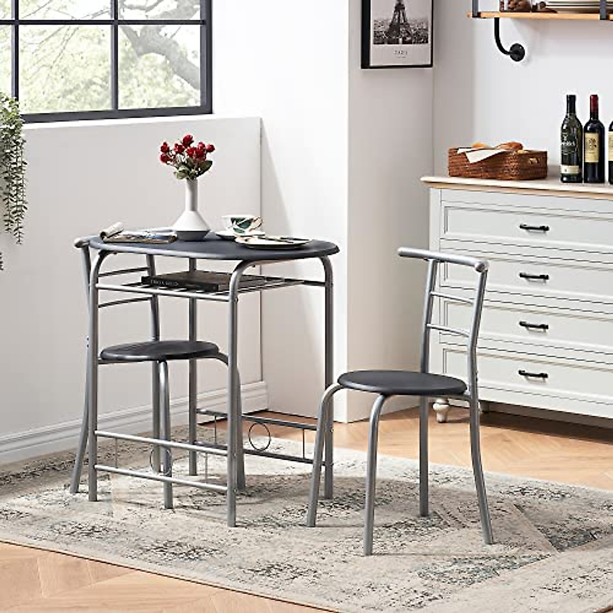 VECELO 3 Piece Wood Round Table & Chair Set for Dining Room Kitchen Bar Breakfast, with Wine Storage Rack, Space Saving, 31.5", Black and Silver