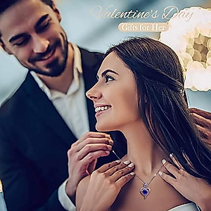 Blue Rose Box with Crystal Necklace - Real Eternal Rose with 925 Sterling Silver Heart Necklace,Enchanted Flower with Blue Birthstone Pendant Gift for women on Valentine's Day Anniversary Wedding.