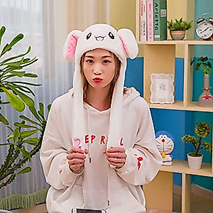 CNHNGTS Funny Plush Bunny Moving/Jumping Rabbit Cute Unisex Animal Ear Flap Hat with Paws for Women Girls, White, One Size