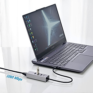 YUENN USB-C Metal 3-Port HUB with Gigabit Ethernet Adapter, USB-C to RJ-45, Compatible with Laptop, MacBook, Surface,PC, iPhone 15 /Pro/Max, Dell XPS, Galaxy S8-S23