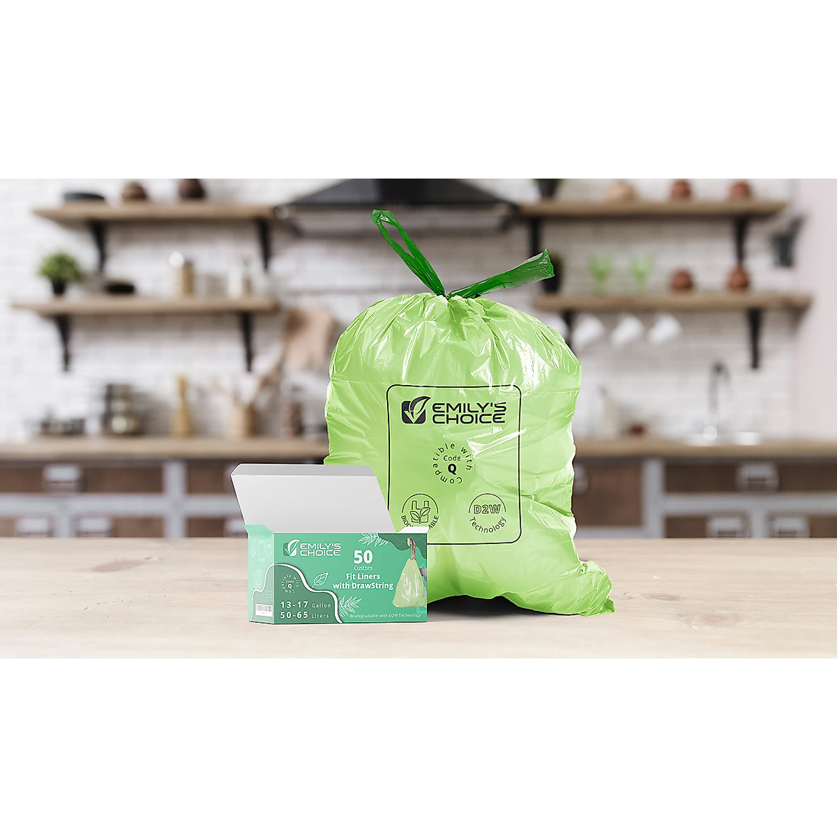 Emily's Choice Heavy Duty Biodegradable Tall Kitchen Trash Bag Code Q (50 count) with D2W Technology, Custom Fit Trash Bag compatible with Simplehuman Code Q trash bins, 50-65L / 13-17 Gallons, ATSM 6954,1.2 Mil / 30 Micron Thickness