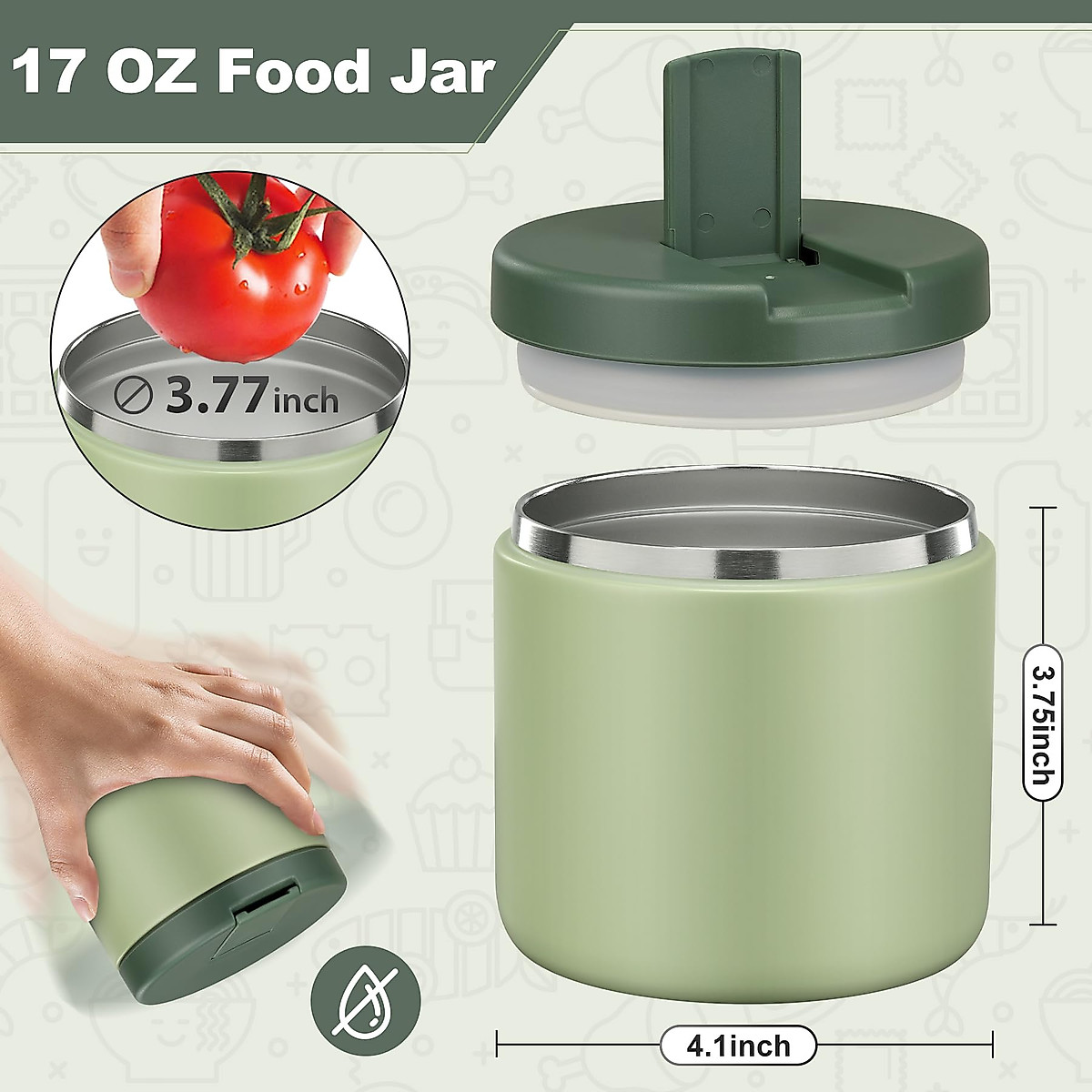 LOHASOK 17oz Soup Thermo for Hot Food Insulated Vacuum Food Jar with Buckle Lid, Stainless Steel Wide Mouth Leak Proof Lunch Container for School Travel Green, FOOD JAR-GREEN-17 OZ
