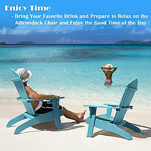 hOmeHua Oversized Plastic Weather Resistant Adirondack Chair with Cup Holder, Imitation Wood Stripes, Easy Assemble & Maintain,Outdoor Chair for Patio, Backyard Deck, Fire Pit - Lake Blue