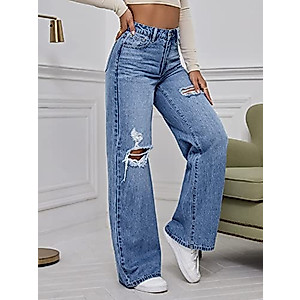 WDIRARA Women's High Waist Ripped Wide Leg Baggy Jeans Distressed Denim Pants Medium Wash S