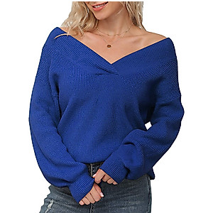 Feiersi Women's Off Shoulder Sweater Long Sleeve Loose Tops V-Neck Pullover Knit Jumper(Royal Blue,Large)