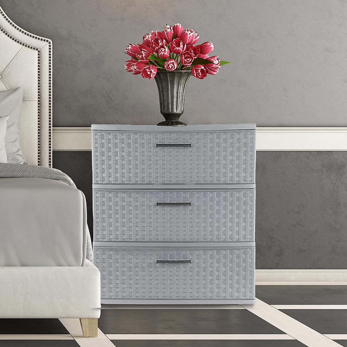 XNDLRZXB 3 Drawer Wide Weave Tower Plastic, Closet, Entryway, Hallway, Nursery Room, Storage bins, Organizer Unit for Bedroom, Cement - Design Storage Tower with pull handles