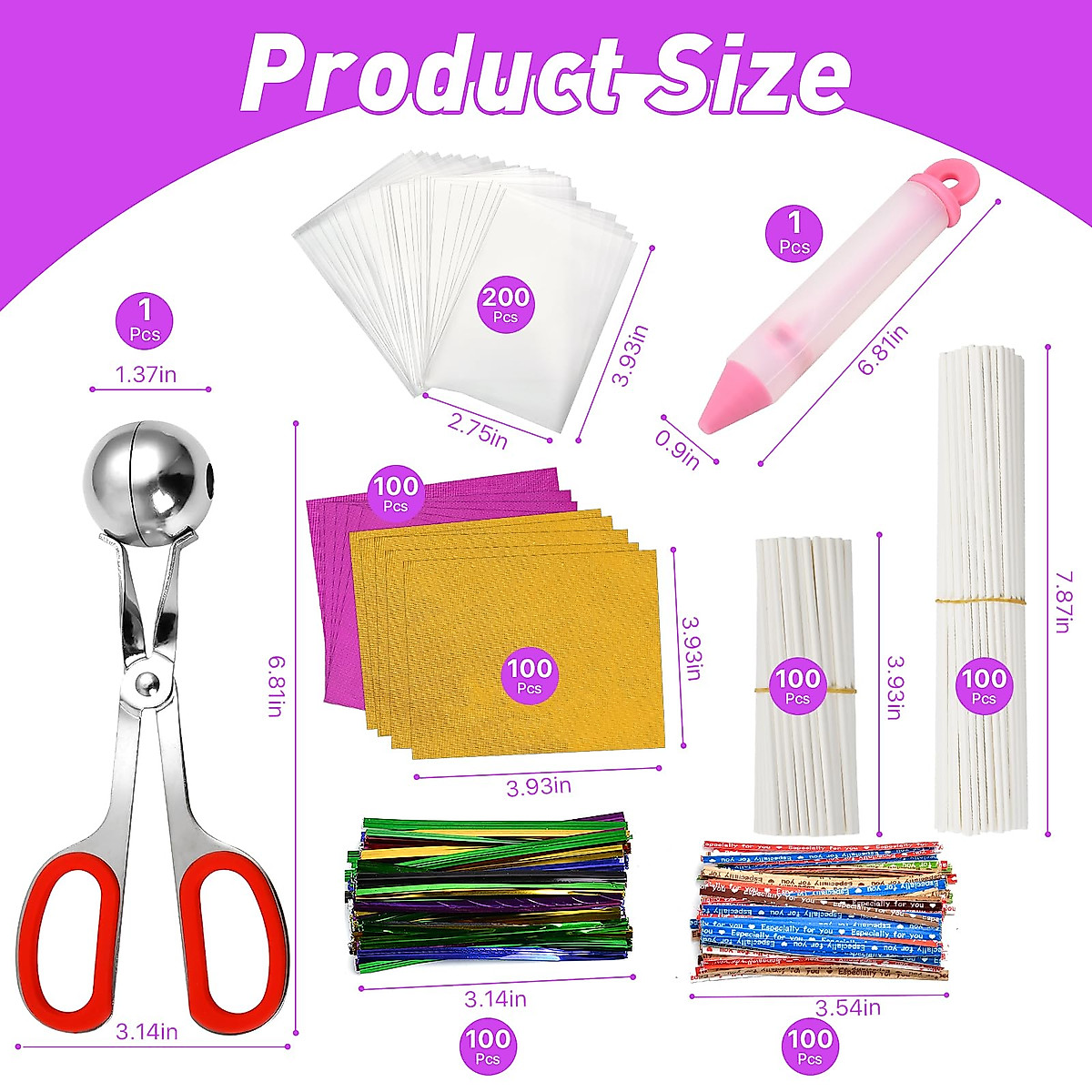 Elesunory 802Pcs Cake Pop Set, Including Cake Pop Sticks and Wrappers, Twist Ties, Cake Pop Roller, Decorating Pen with 4 Piping Tips, Candy Foil Wrappers, Cake Pops Bags Supplies for Lollipop
