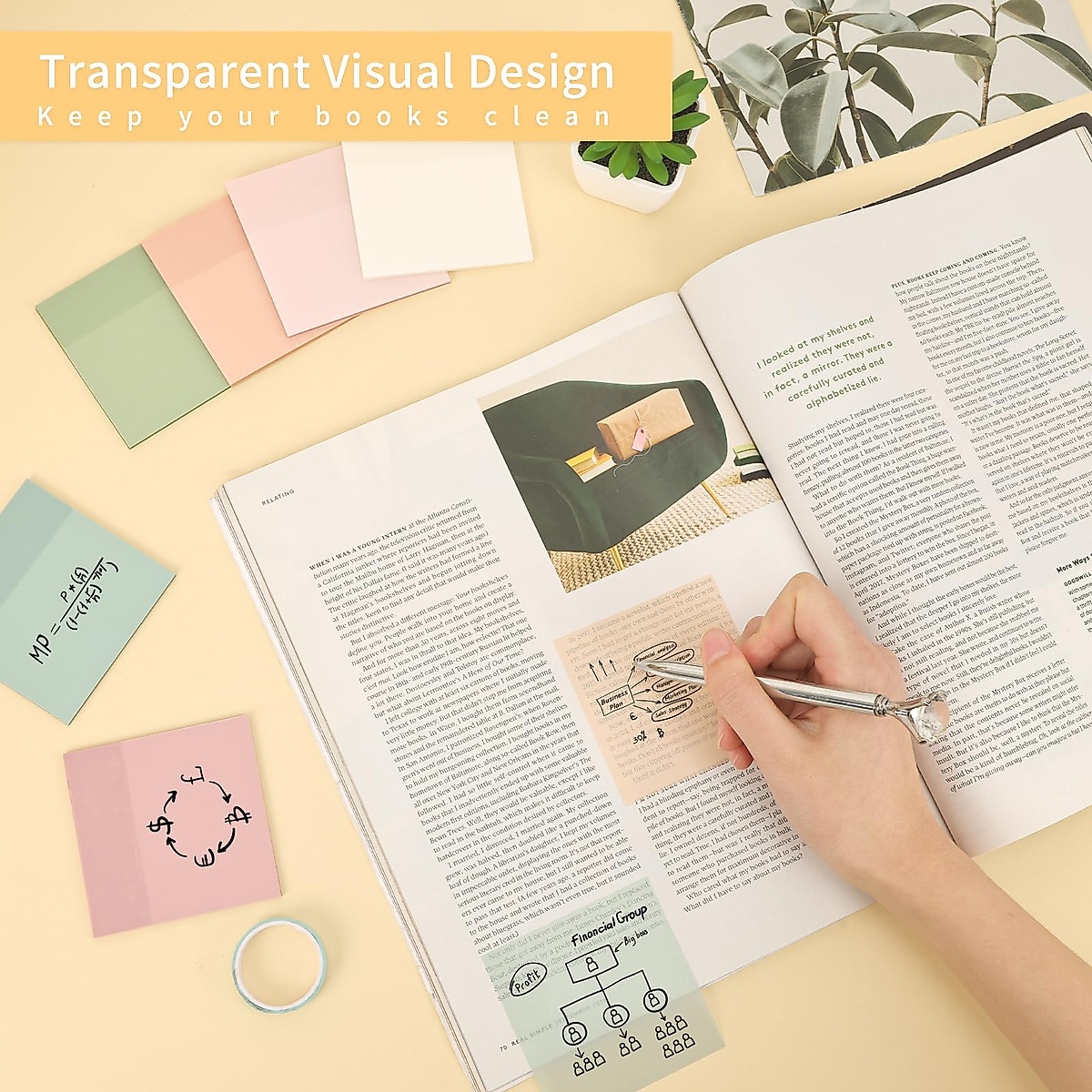 EOOUT 300 Sheets Pastel Transparent Sticky Notes, 6 Pads, 3x3 Inch, 6 Colors Clear Self-Sticky Notes, Translucent Adhesive Sticky Notes, for Bible Tabs, Book Tabs, School Supplies for College, Office