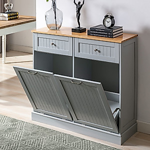 Double Trash Cabinet Tilt Out 20 Gallon, Pet Proof Kitchen Trash Cabinet Laundry Hamper with Cutting Board, Wood Garbage Recycling Station Hideaway Trash Holder Drawers (Grey)