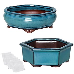 Happy Bonsai 5.7" 6.1" Small Glazed Pots Set of 2 + 6 Soft Mesh Drainage Screens