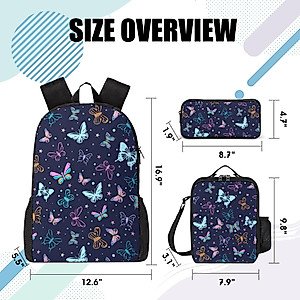 Ulbraofs Girls Backpack with Lunch Box Pencil Case, 3PCS School Backpack Set for Kids Teens, Elementary Middle School Bookbag for Boys Girls Student - Blue Butterfly