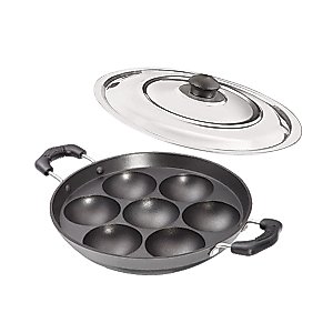 Satre Online and Marketing Small 7 Cavity Non-Stick Aluminium Heavy Induction Base Appam Pan With Steel Lid - Black,Silver,Red