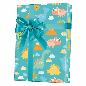 Party Explosions Gift Wrap - Baby Dinosaur Wrapping Paper Roll (24" W x 15' L)
