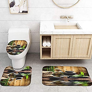 ArtSocket 4 Pcs Shower Curtain Set Stones spa Oil Wood Massage Relax Candle ayurvedic Water Bamboo Green with Non-Slip Rugs Toilet Lid Cover and Bath Mat Bathroom Decor Set 72" x 72"