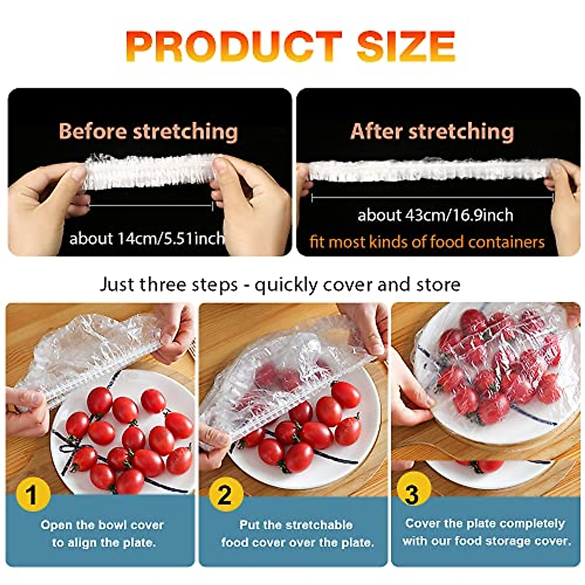 200PCS Plastic Elastic Bowl Covers Reusable, Plastic Food Covers with Elastic Food Storage Covers Bowl Covers for Leftover, Plastic Covers for Bowls for Family Outdoor Picnic Easter