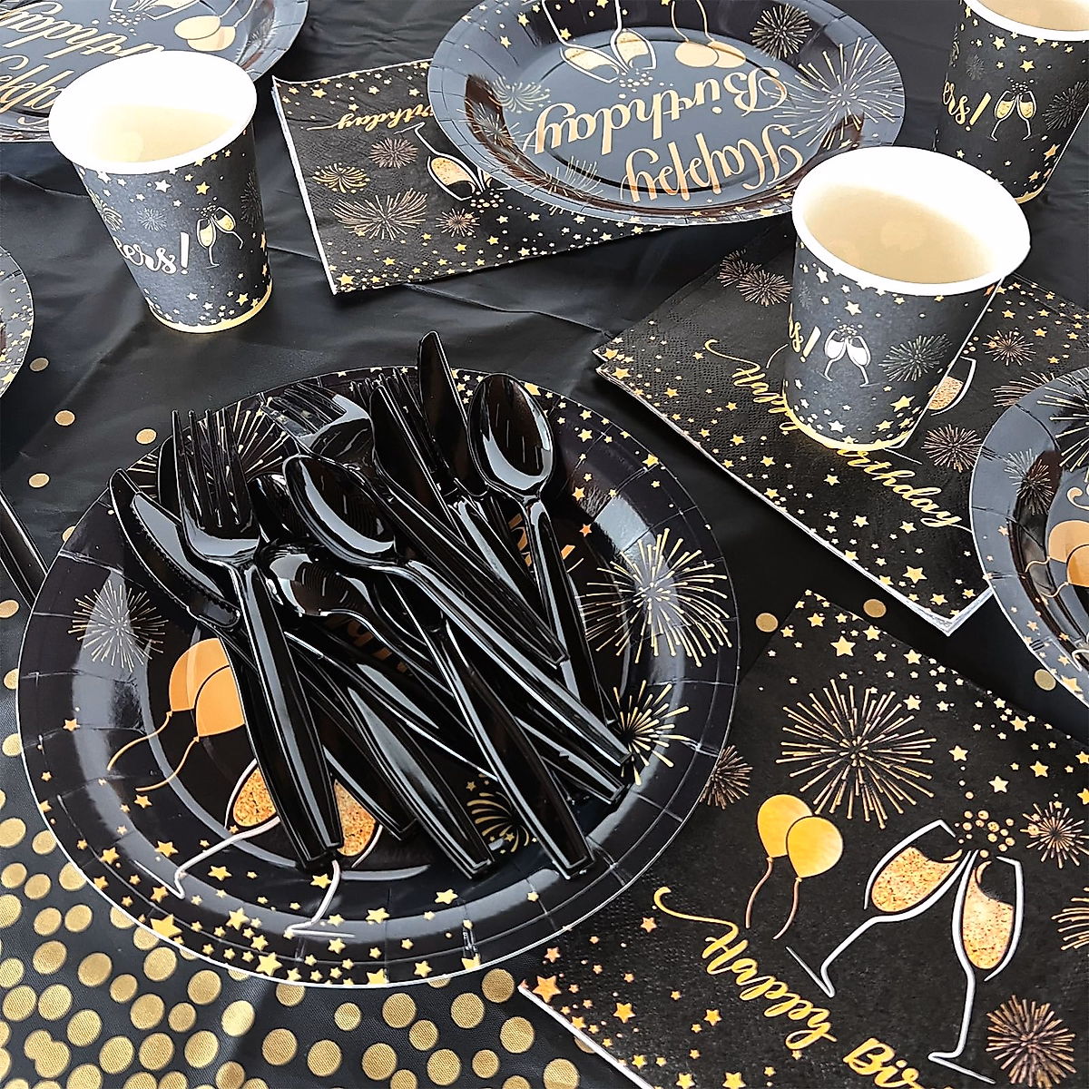 Black and Gold Happy Birthday Party Supplies Tableware Set-Dinner Dessert Cake Plates, Napkins, Cups, Tablecloth, Banner for Wedding Retire Party Decoration for 30th 40th 50th 60th Anniversary