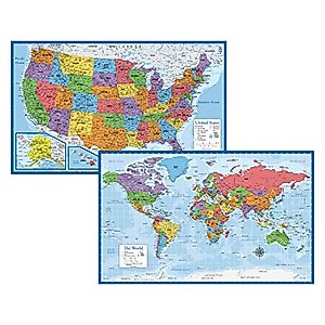 Laminated World Map & US Map Poster Set - 18" x 29" - Wall Chart Maps of the World & United States - Made in the USA (LAMINATED)