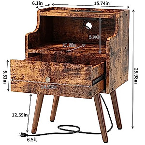 Nightstand with Drawer, Side Table with Charging Station, Mid-Century Modern End Table, 2-Tiers Storage Space Bedside Table with Solid Wood Legs, Brown Night Stand for Living Room, Bedroom