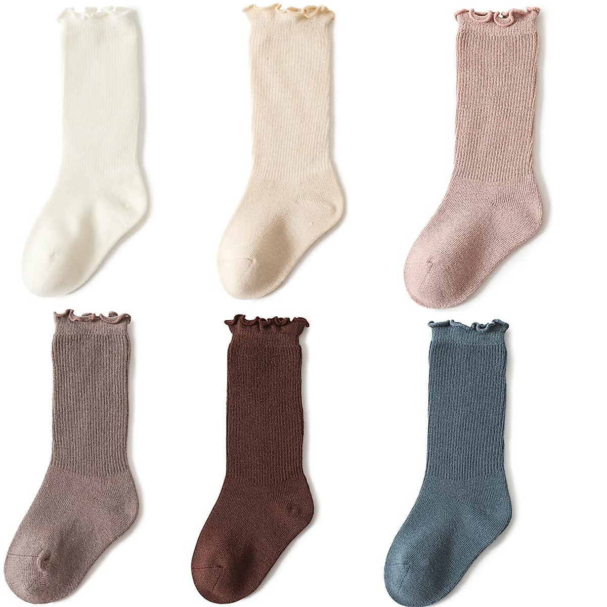 Exegawe Baby Girls Socks Cotton Toddler Knee-High Stockings Kids Cozy Warm Solid Color Ruffles Long Socks for 0-5T(Solid 6 Pairs,XS/0-6m)