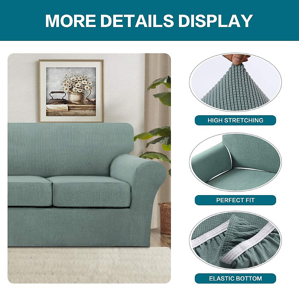 Turquoize 3 Piece Sofa Covers for 2 Cushion Couch Sofa Slipcover Soft Couch Cover for Dogs-Washable Sofa Furniture Covers with 2 Individual Cushion Covers (2 Cushion Sofa, Dark Cyan)