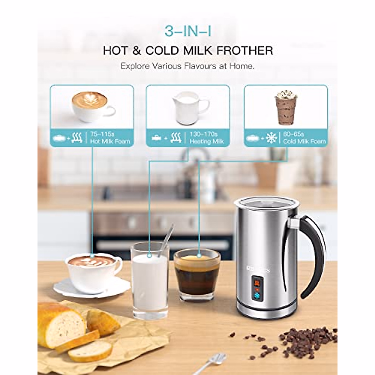 EZBASICS 236ml Stainless Steel Electric Milk Frother for Frothing and Heating Milk